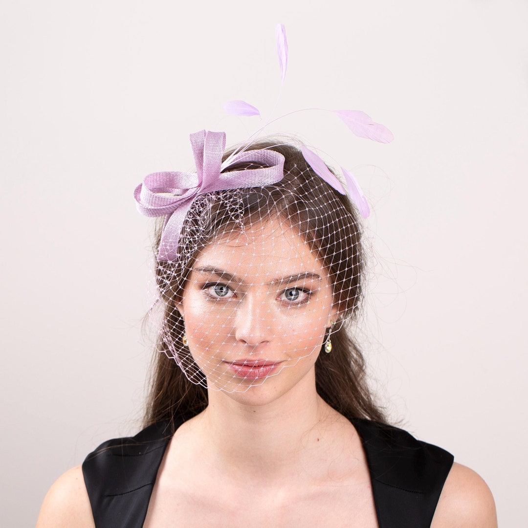 Women Fascinator and Veil in Lilac, Bow Headpiece With Birdcage in ...