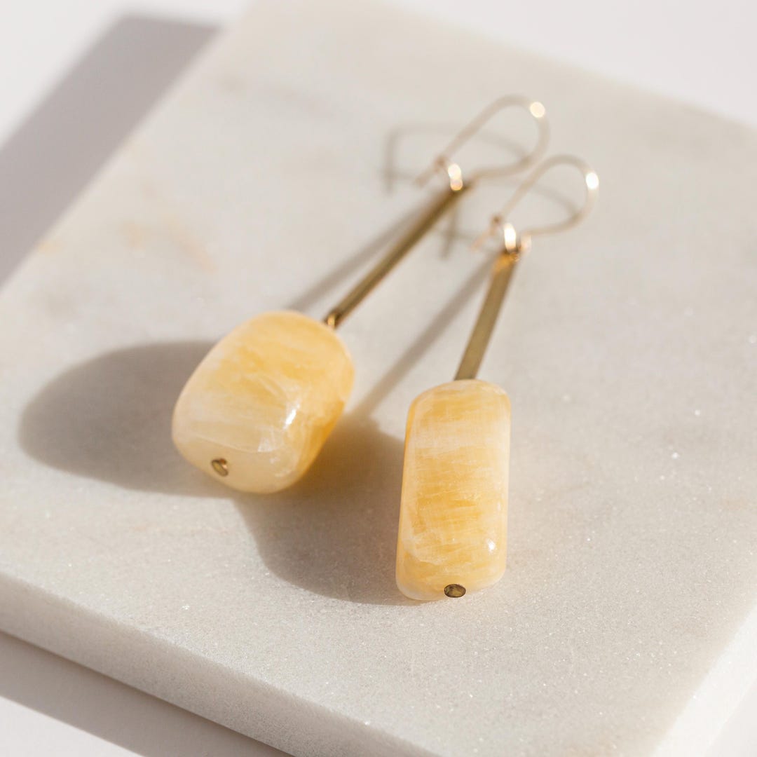 Yellow Calcite Drop Earrings: Hand Cut Asymmetrical Gemstones - Etsy