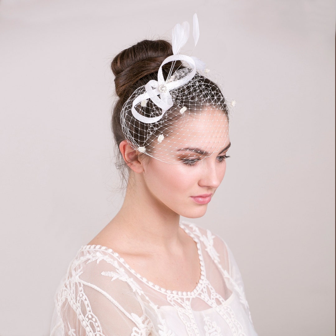 Bridal Wedding Birdcage Veil With Feathers Fascinator, Millinery ...