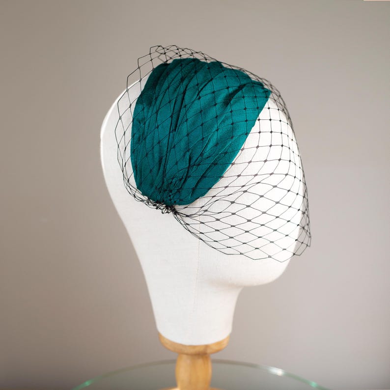 Dark Green Silk Cap Headpiece: 1950s Style Calotte Hat With Birdcage ...