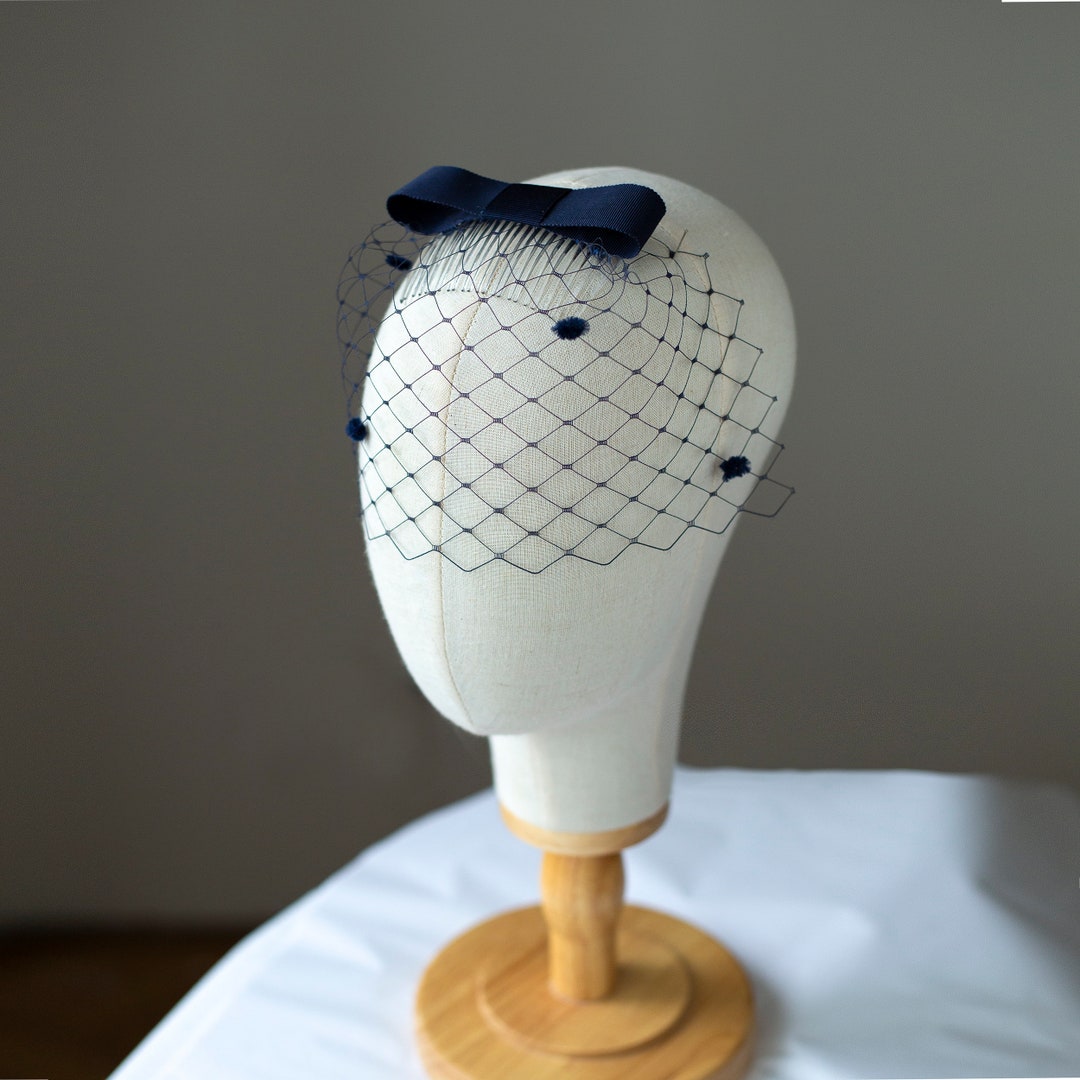 Navy Veil With Hair Bow, Dotted Short Veil for Weddings, Mourning Veil ...