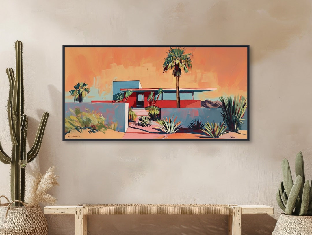 Mid-century Architecture Art Palm Springs Retro Painting Giclée Print or Framed Canvas Mid ...