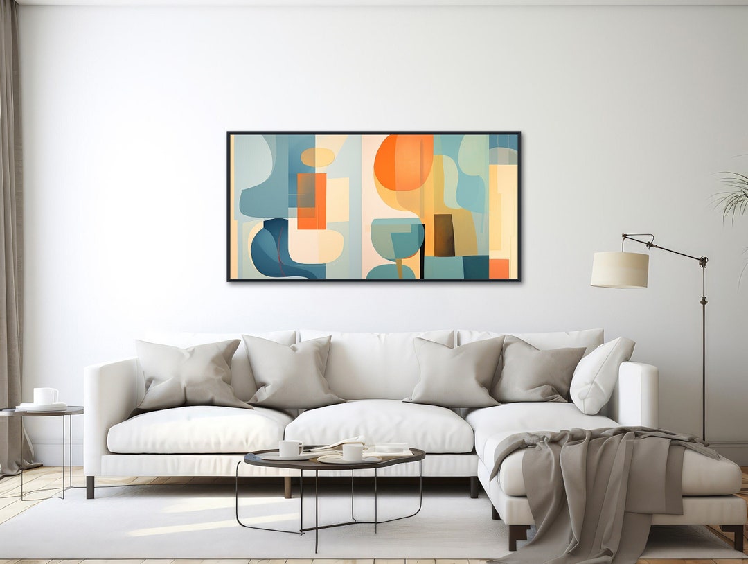 Large Mid-century Modern Art - Retro Abstract Painting - Framed Canvas Print - Geometric Shapes ...