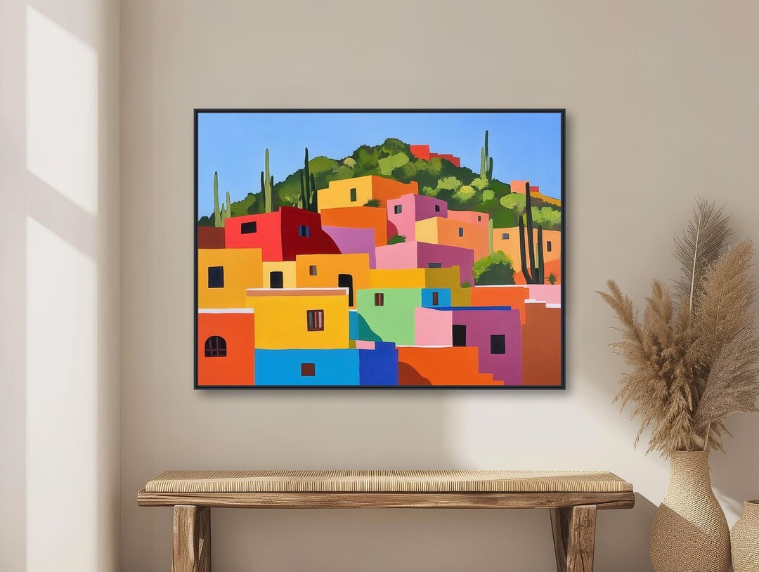 Colorful Mexican Village Painting - Southwestern Landscape Art - Framed ...