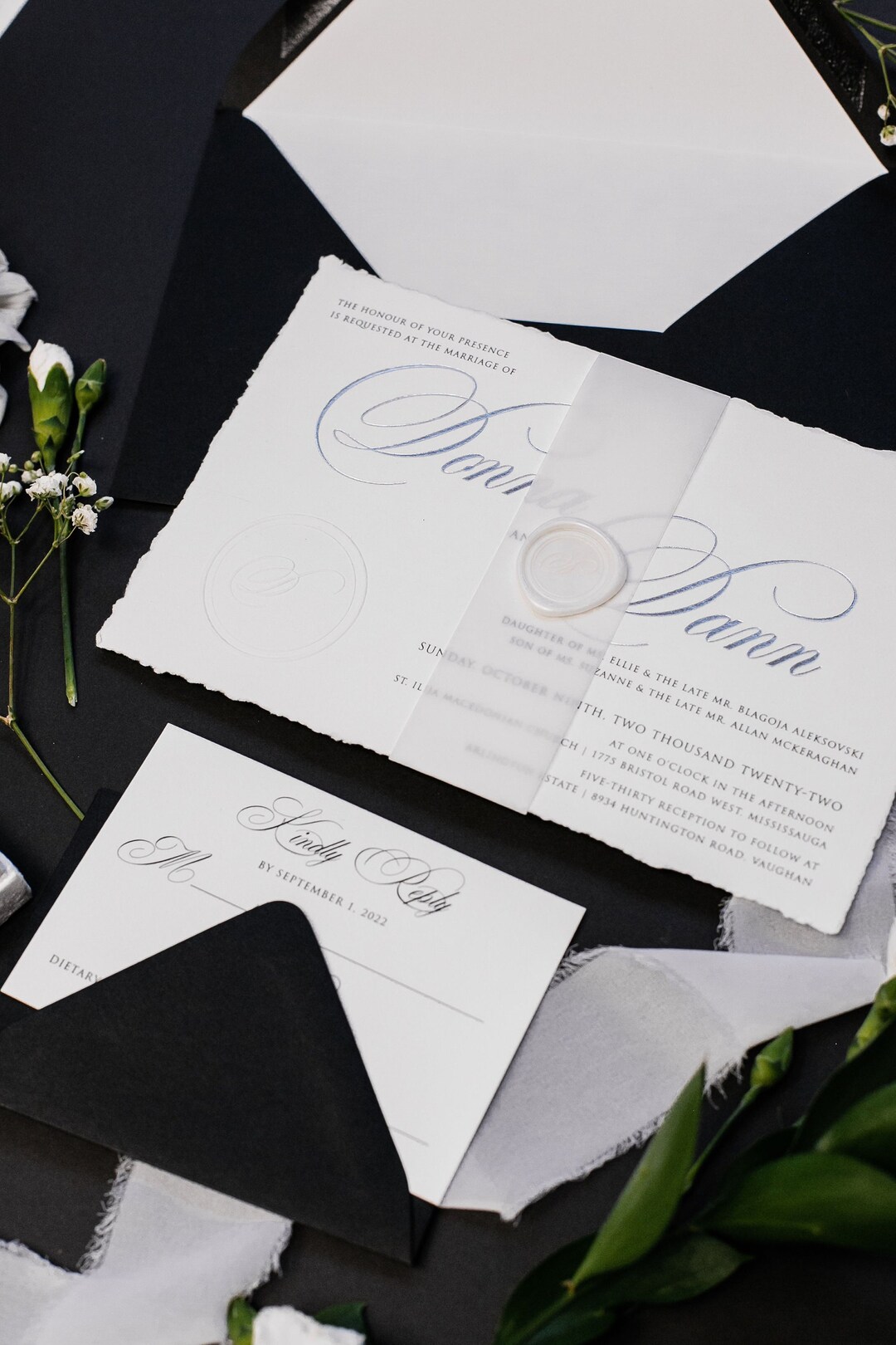 Black and Cream Wedding Invitation With Silver Foil Press and Deckled ...