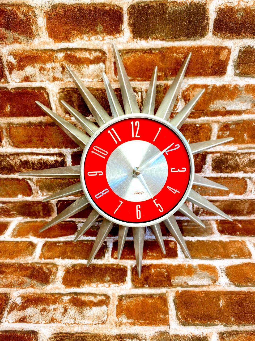 Rare Vintage Kirch Sunburst Clock 1960s Retro Silver and Red Metal ...