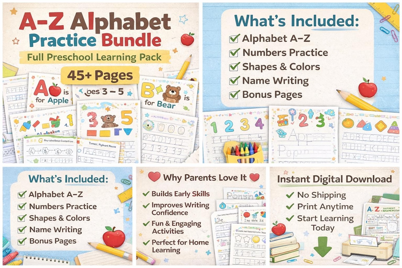 A-Z Alphabet Practice Worksheets – Preschool Kindergarten Handwriting ...