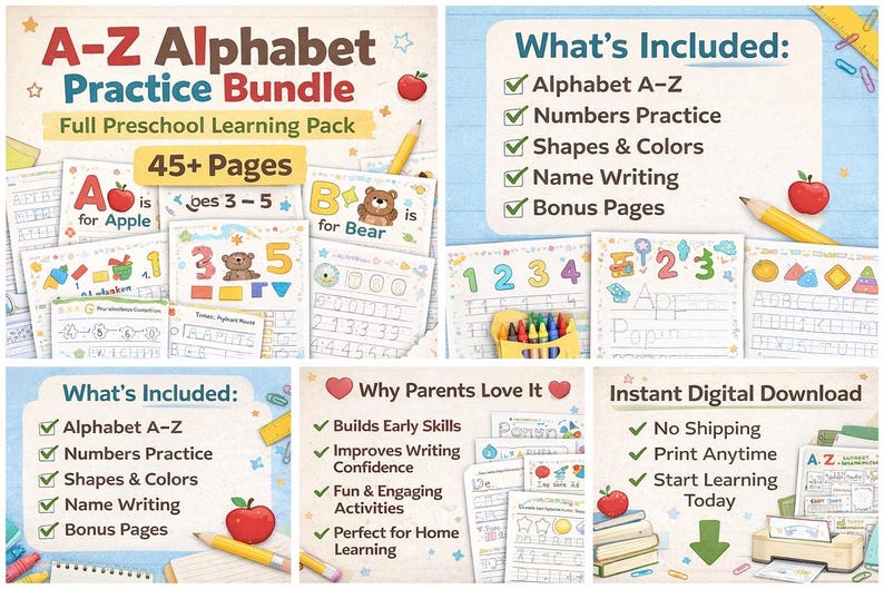 A-Z Alphabet Practice Worksheets – Preschool Kindergarten Handwriting ...