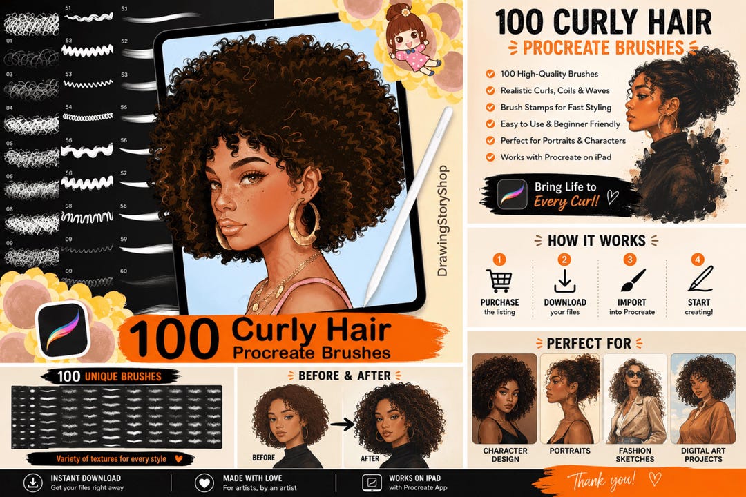 100 Curly Hair Procreate Brushes, Afro Hair Brush Set, Procreate Stamp ...