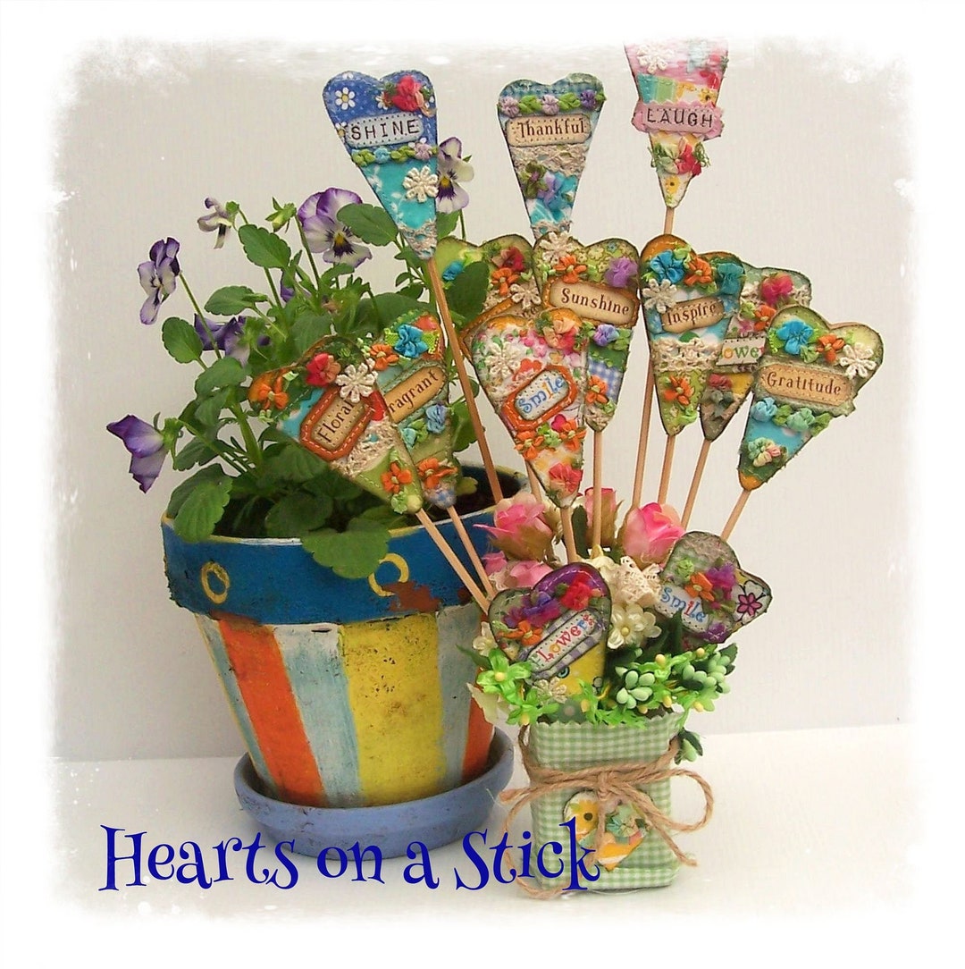 HEARTS ON A STICK Whimsical Plant Stakes Crazy Patchwork - Etsy Australia