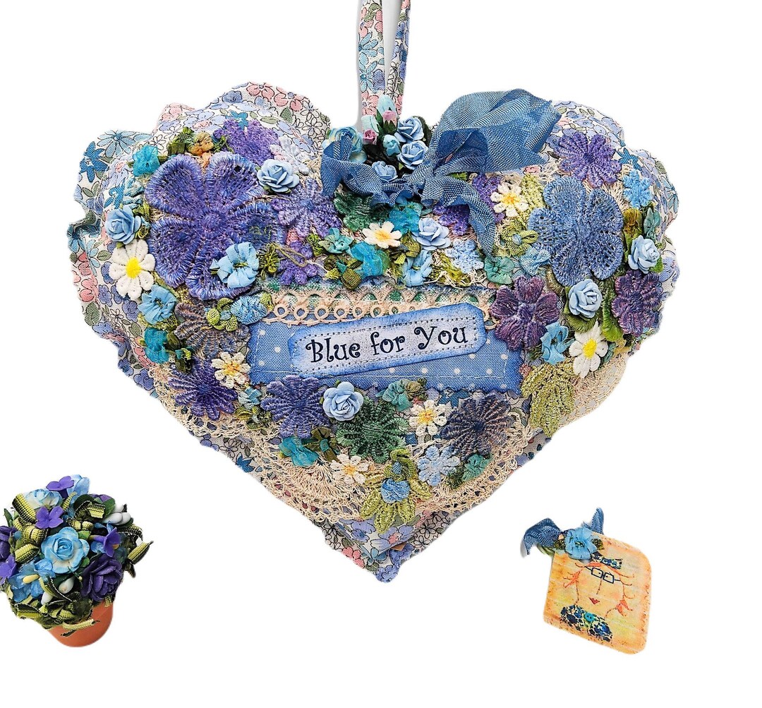 BLUE FOR YOU Large Fragrant Sachet, Dusty Blue, Crazy Floral Applique ...