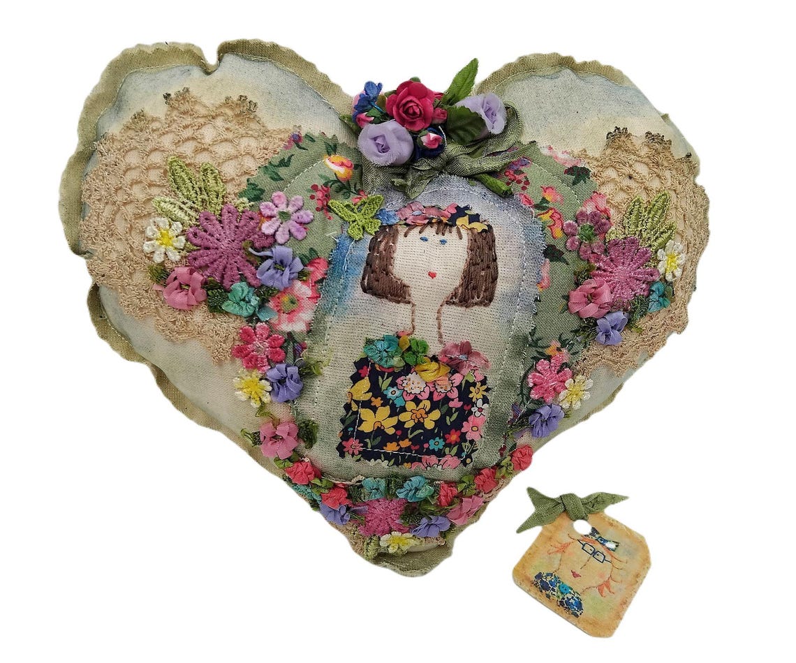 ROSIE in THE GARDEN Large Scented Heart Sachet, Crazy Patchwork ...