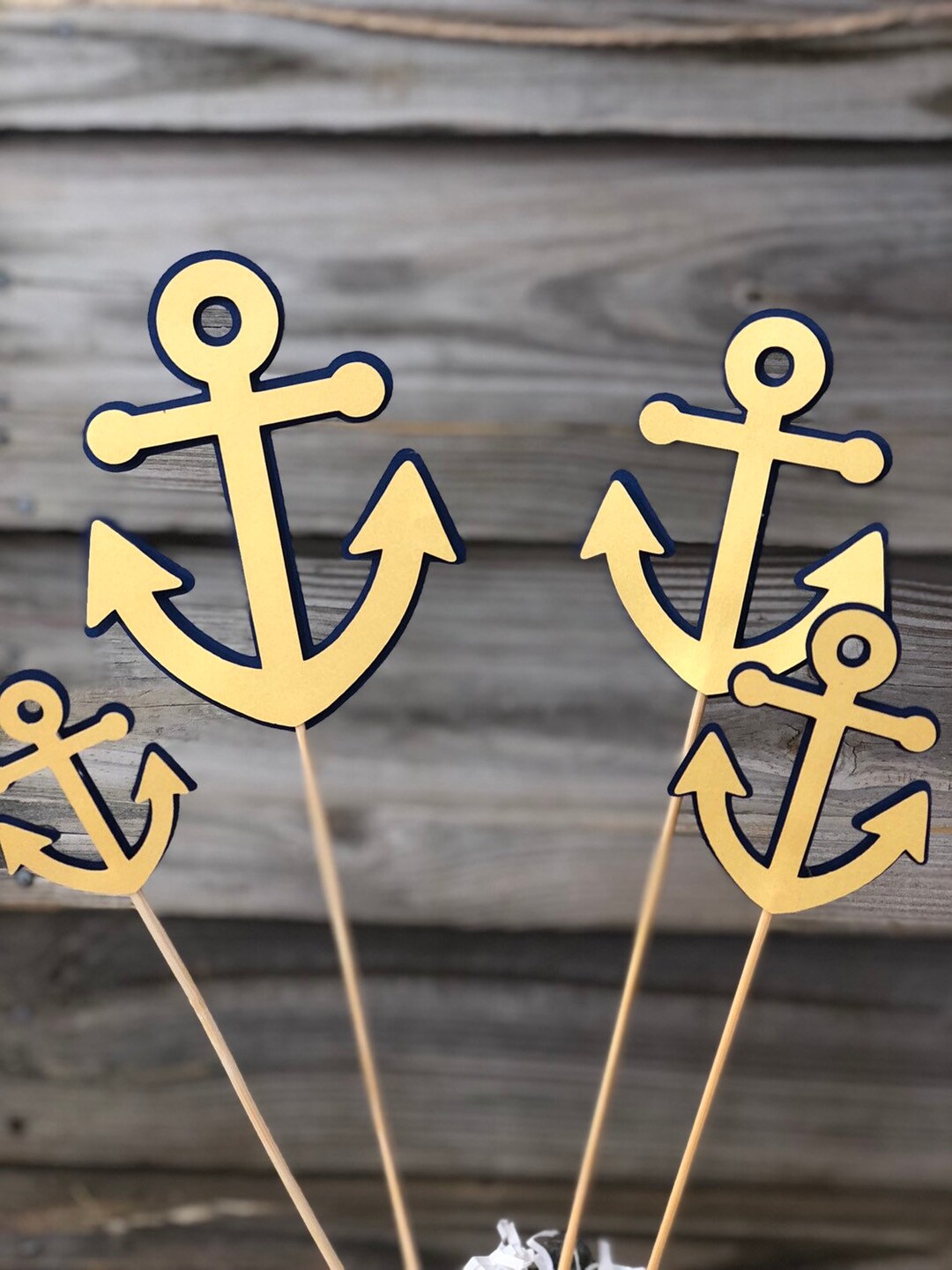 Set of 6 Gold and Navy Blue Anchor Decorations on Wooden Sticks-baby ...