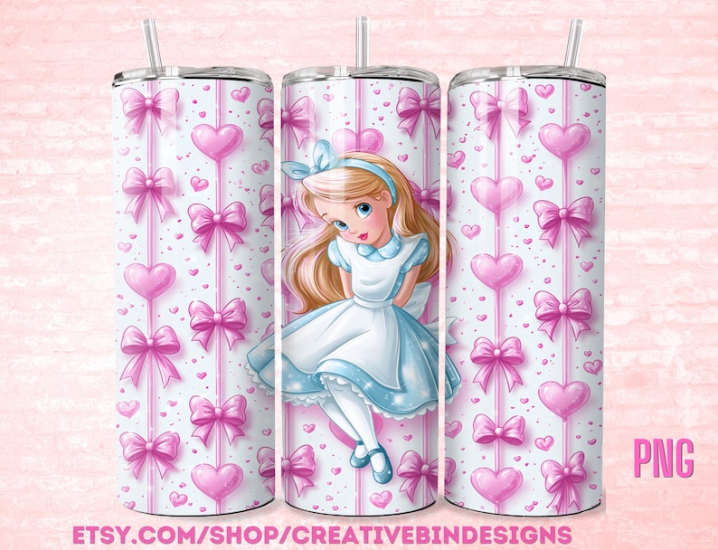 Alice in Wonderland Pink Bow Hearts Tumbler Wrap, Whimsical Fantasy ...