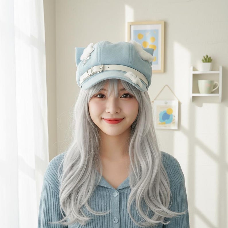 Fuzzy Cat Ear Cap | Pastel Blue Sailor Hat | Kawaii Star Design ...
