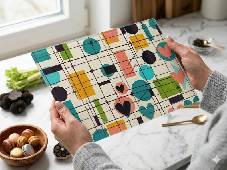 Tempered Glass Cutting Board, Colorful Geometric Kitchen Decor ...