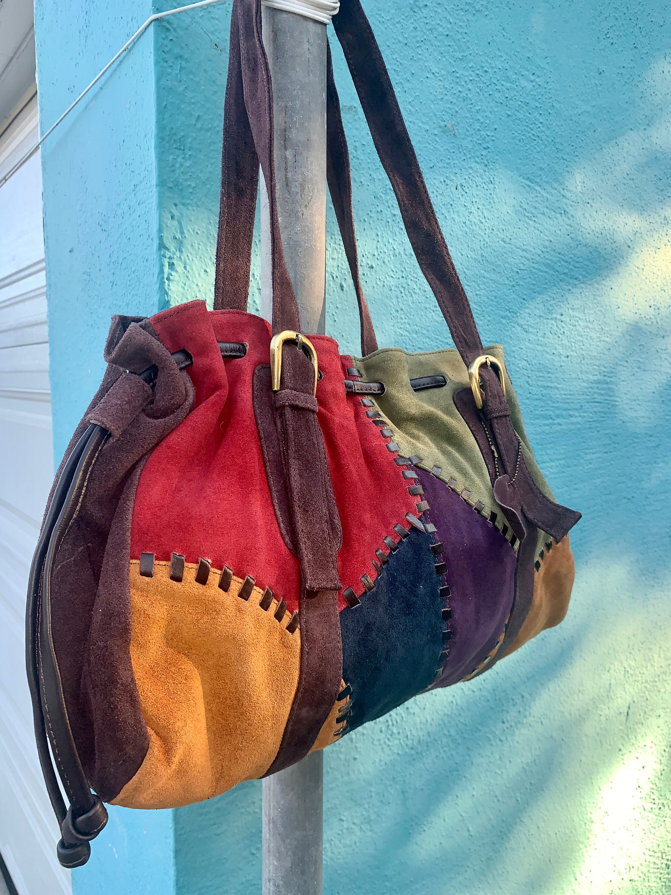 Large Patchwork Whipstitched Suede Bag - Etsy