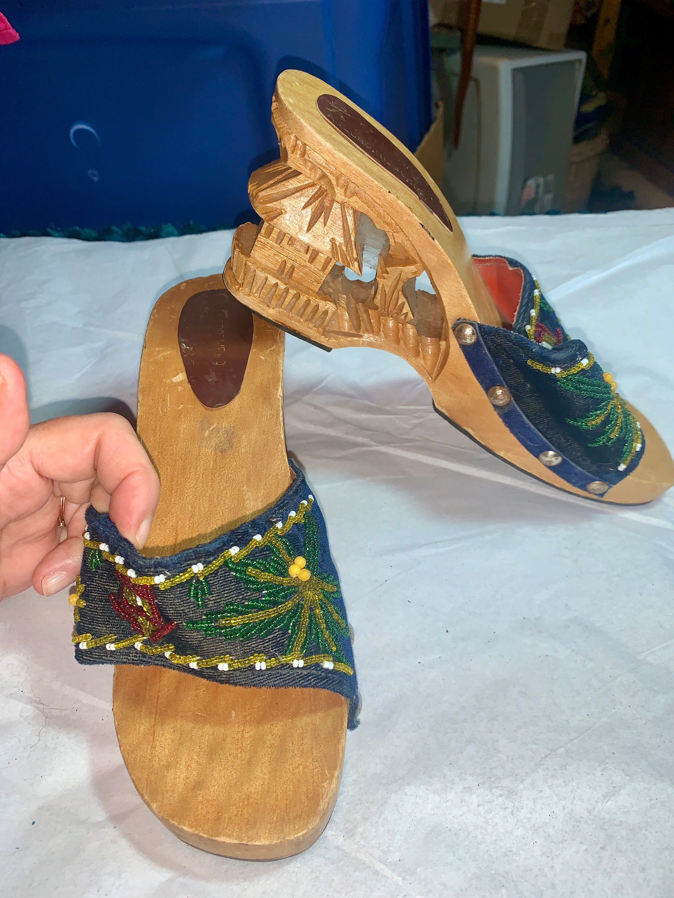 BEADED VELVET WOOD Carved Slides Clogs - Etsy