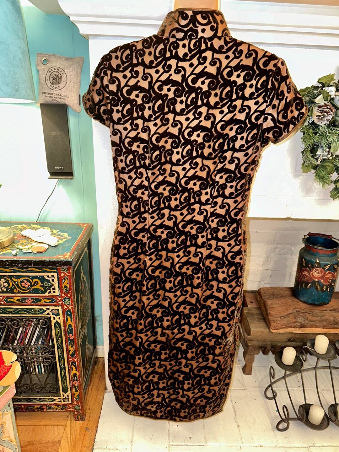 SHANGHAI TANG Silk Burnout VELVET Cheongsam Dress - Etsy