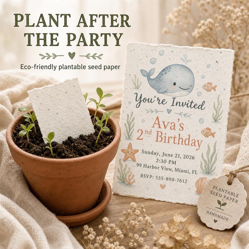 Plantable Seed Paper Whale Birthday Invitation, Under the Sea Party ...