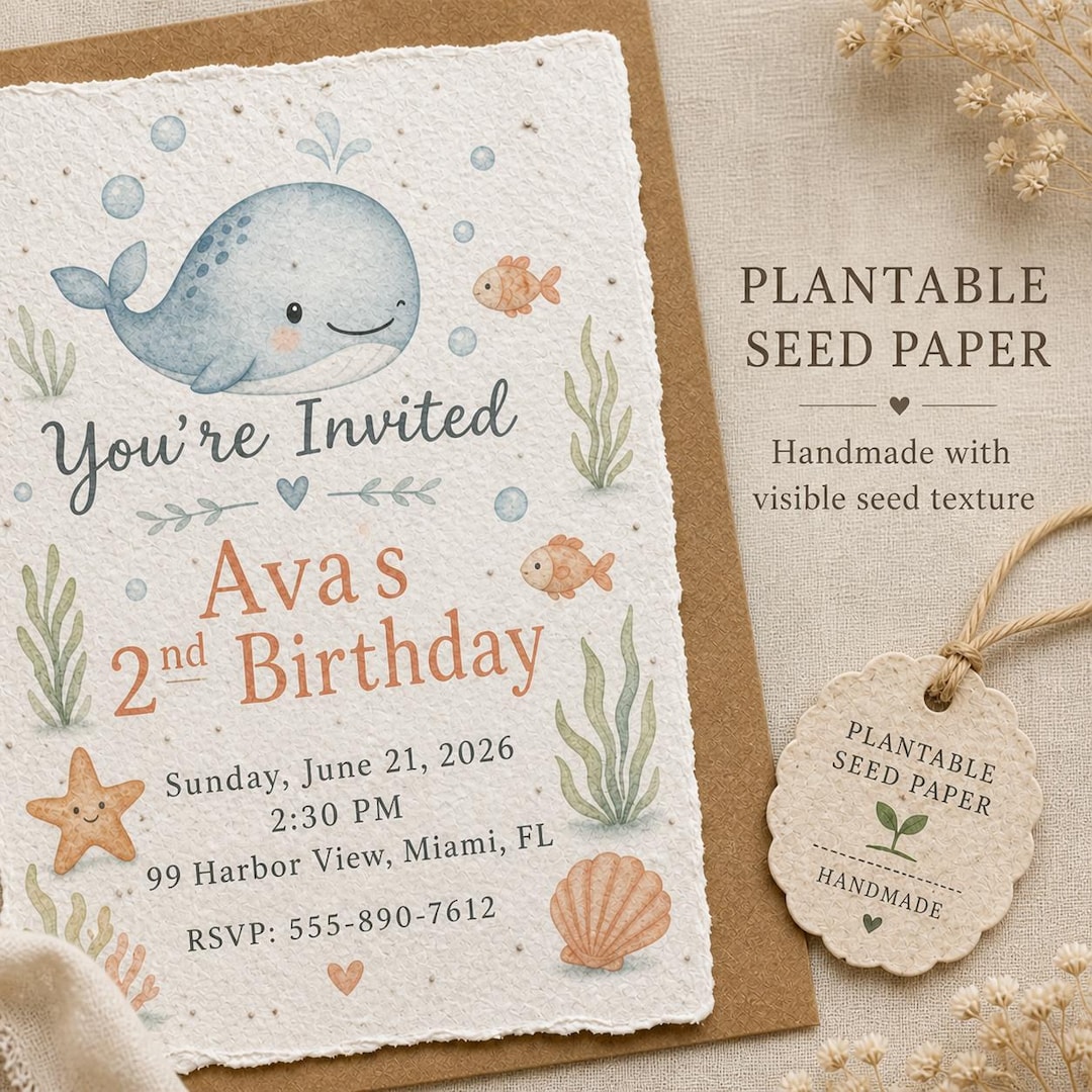 Plantable Seed Paper Whale Birthday Invitation, Under the Sea Party ...