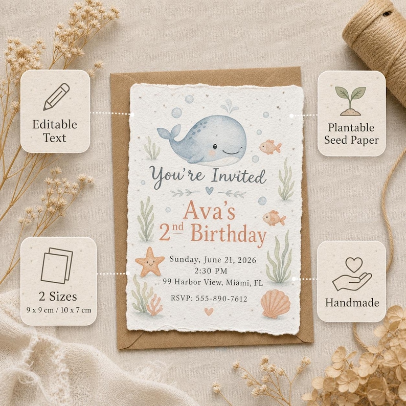 Plantable Seed Paper Whale Birthday Invitation, Under the Sea Party ...