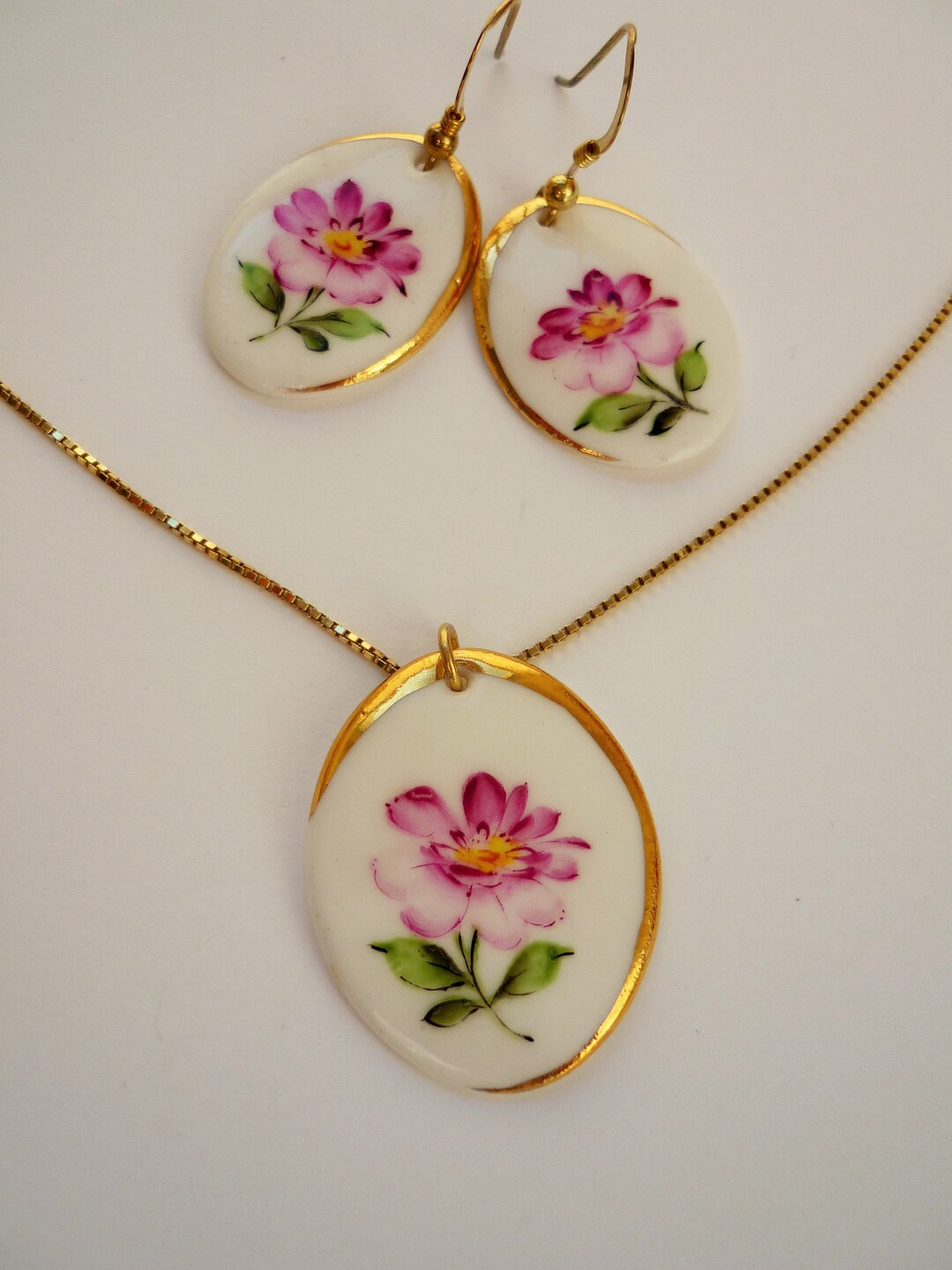 Ceramics Jewelry Set,hand Painted Porcelain, Pink Meadow Flower Design ...