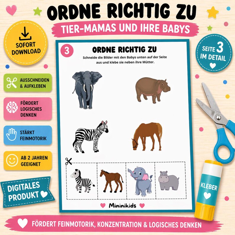 Matching Baby Animals Worksheet PDF | Animal Learning Game for ...