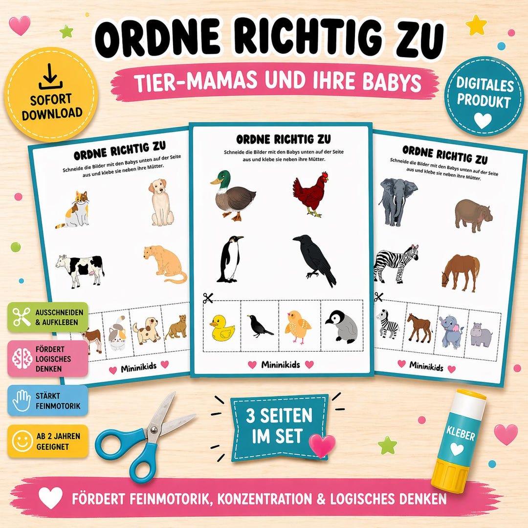 Matching Baby Animals Worksheet PDF | Animal Learning Game for ...