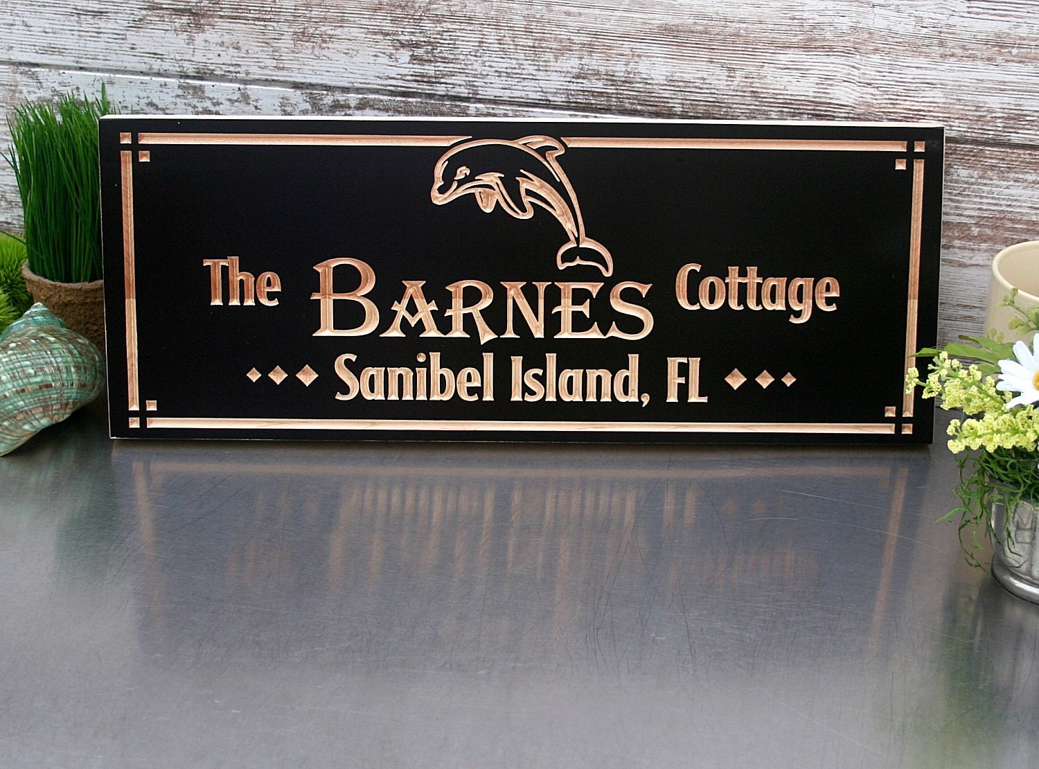 Custom Wooden Beach House Sign; With Dolphin Design, Housewarming Gift ...