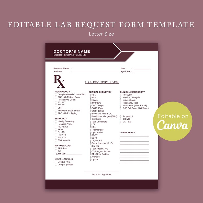 Editable Lab Request Form Template | Printable Medical Laboratory ...