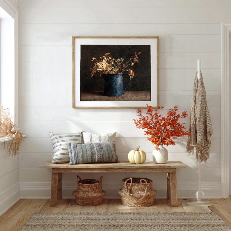 Rustic Dark Blue Floral Still Life Painting, Moody Cottage Decor ...