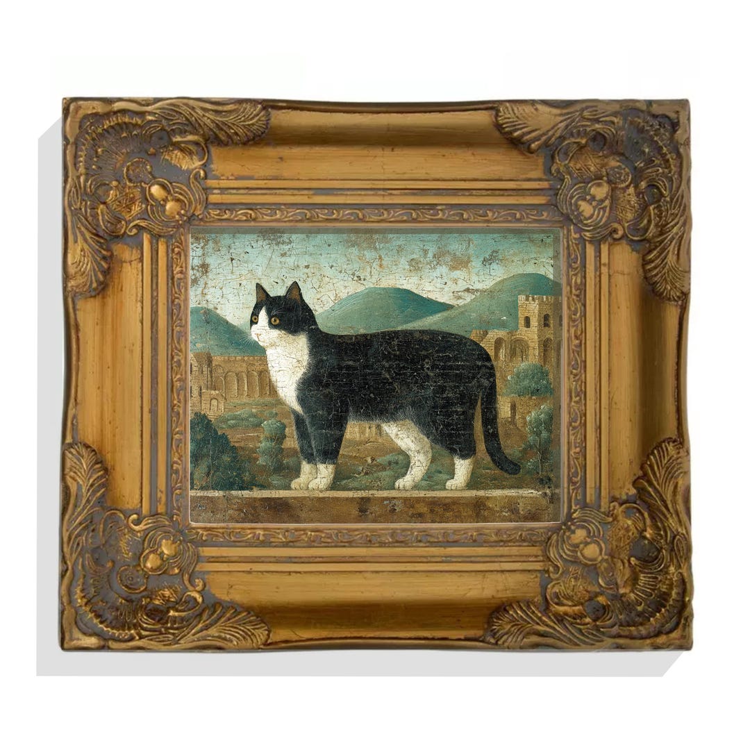 Medieval Cat Painting Print, Gold Baroque Frame, Handmade Wall Art ...