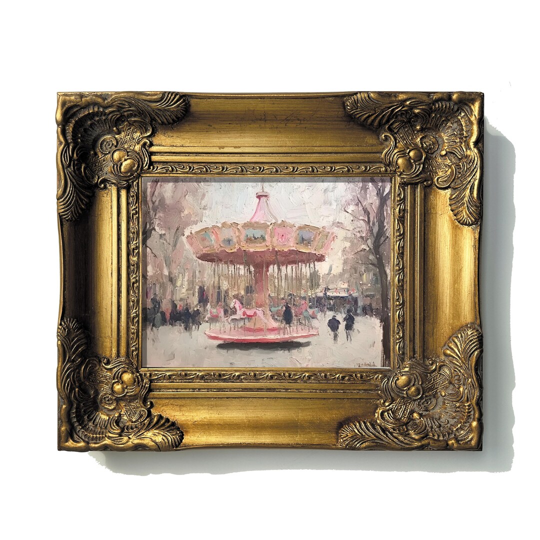 Pink Carousel Carrousel Oil Painting Carrousel Horse Gold Frame Girl ...