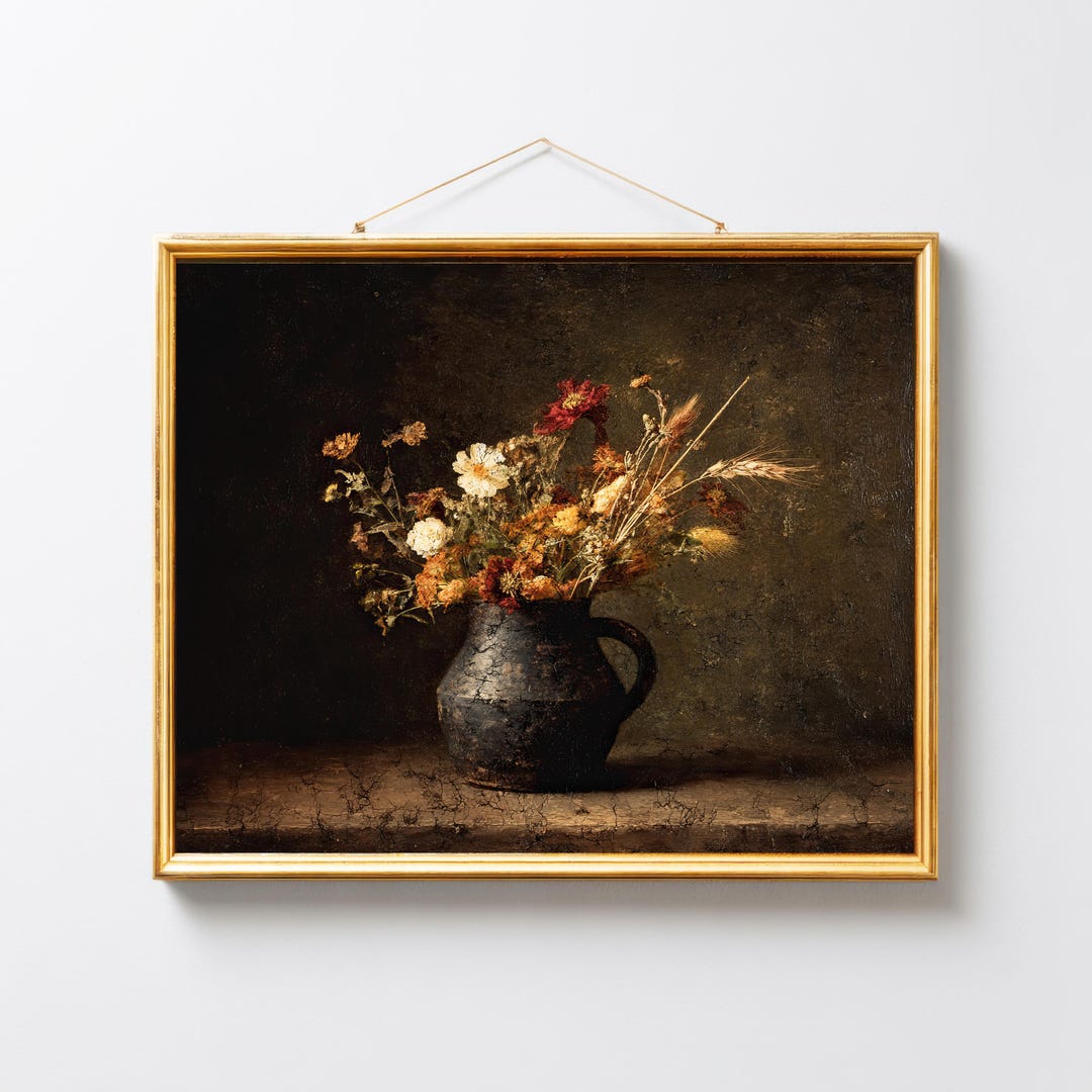 Rustic Dark Floral Still Life Painting, Moody Autumn Cottage Decor ...