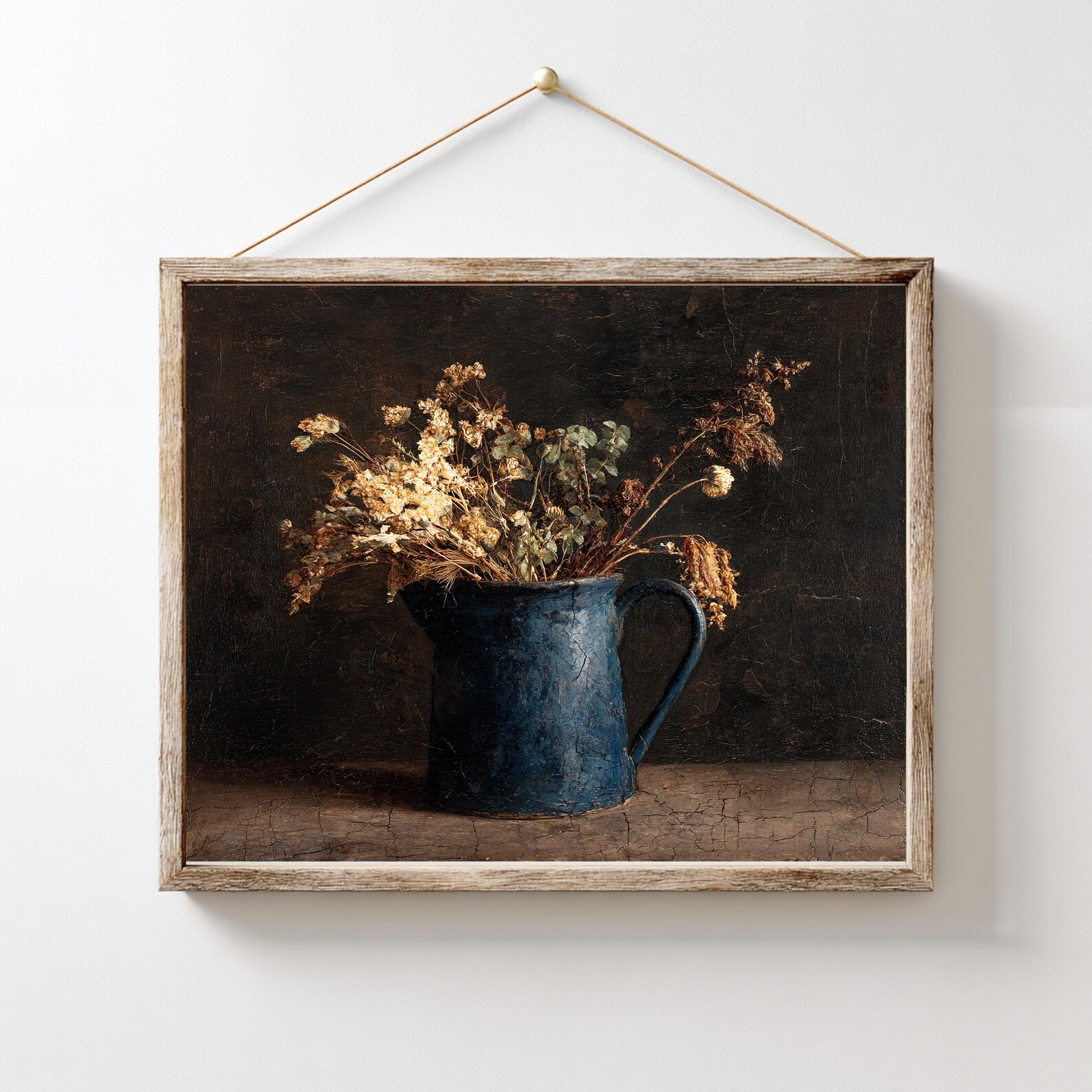 Rustic Dark Blue Floral Still Life Painting, Moody Cottage Decor ...