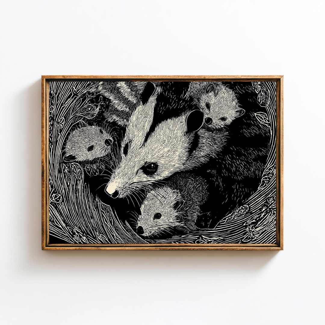 Possum Print, Vintage Opossum Wall Art, Animal Babies Poster, Possum ...