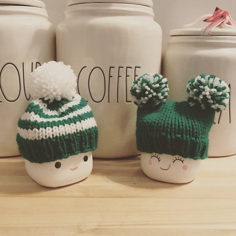 Marshmallow Mug Hats Hand Knit Set of Two Green & White | Etsy