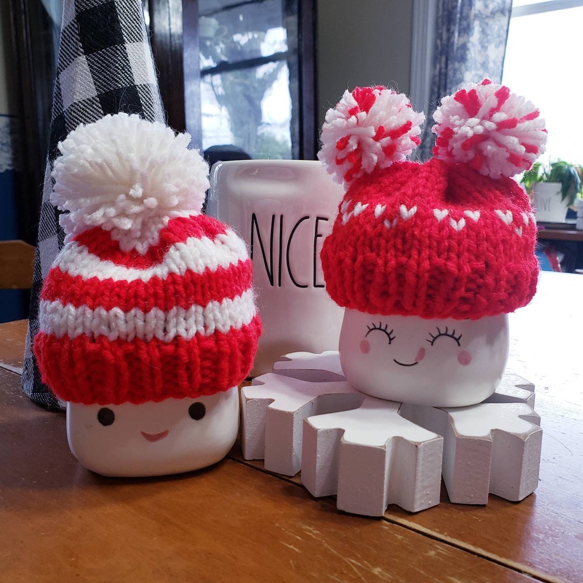 Marshmallow Mug Hats Set of Two Handknit Red & White | Etsy