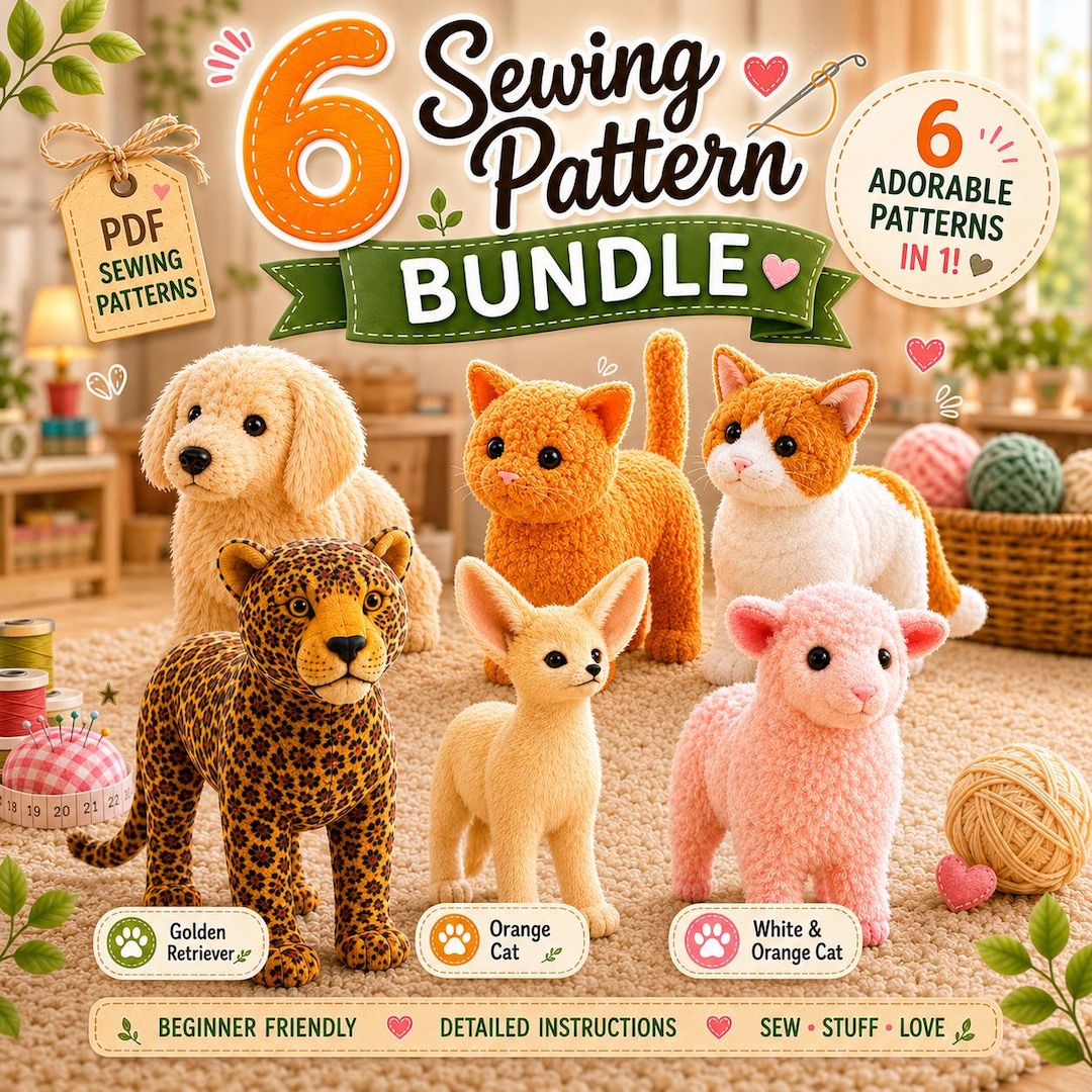 6 Animal Plush Sewing Patterns Bundle | Leopard, Dachshund, Cats, Fox ...
