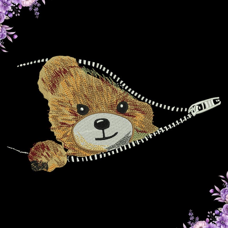 Peeking Teddy Bear Embroidery Design, Cute Bear Zipper Peek Embroidery ...