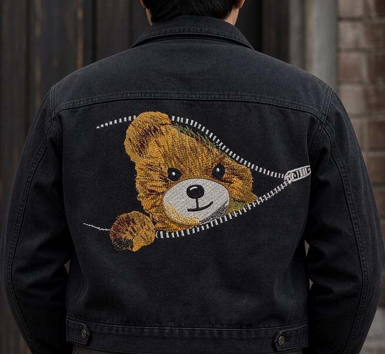 Peeking Teddy Bear Embroidery Design, Cute Bear Zipper Peek Embroidery ...