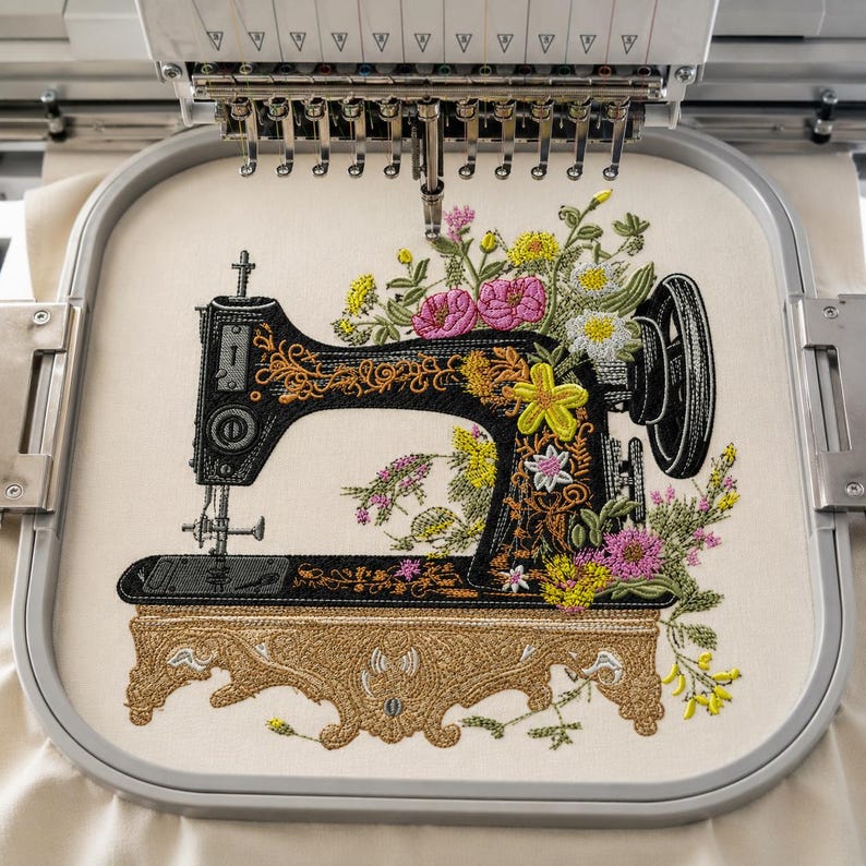 Vintage Sewing Machine Embroidery Design, Floral Sewing Machine ...