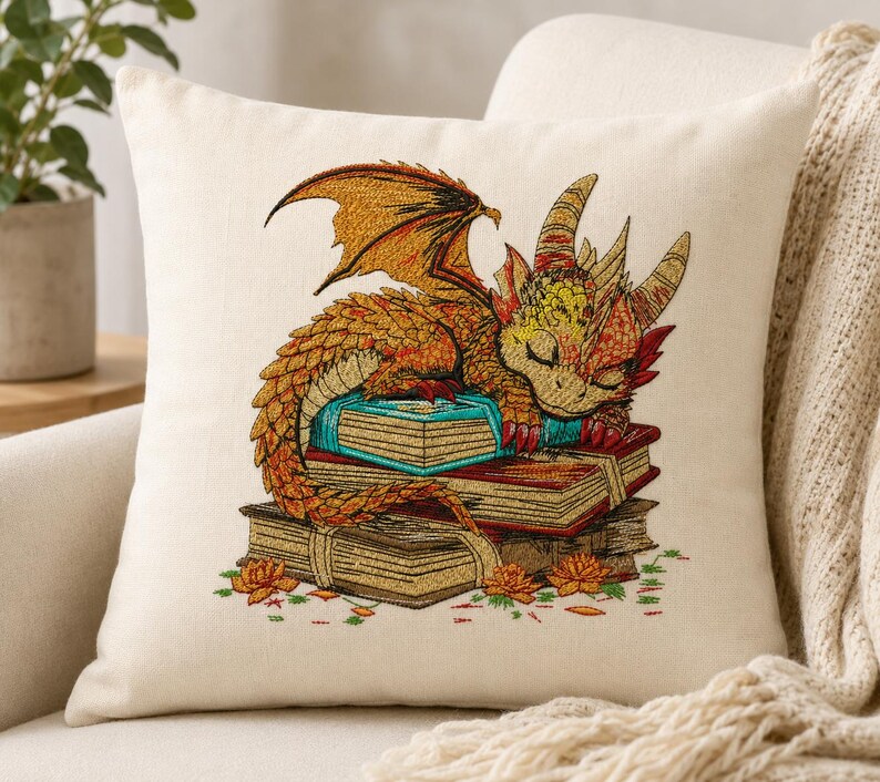 Book Dragon Embroidery Design, Reading Dragon Embroidery, Fantasy ...