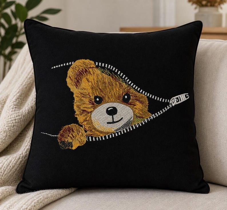 Peeking Teddy Bear Embroidery Design, Cute Bear Zipper Peek Embroidery ...