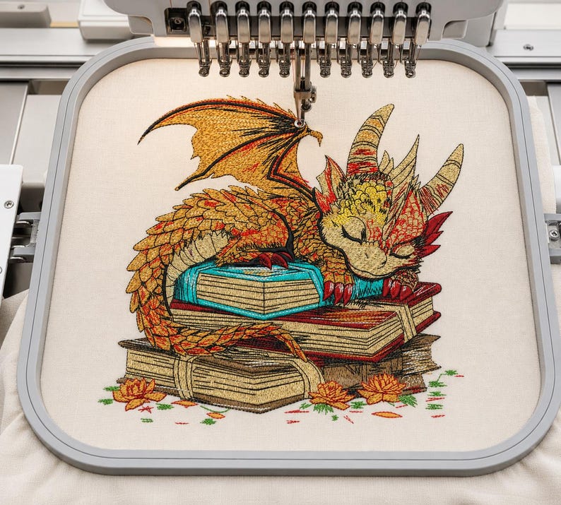 Book Dragon Embroidery Design, Reading Dragon Embroidery, Fantasy ...