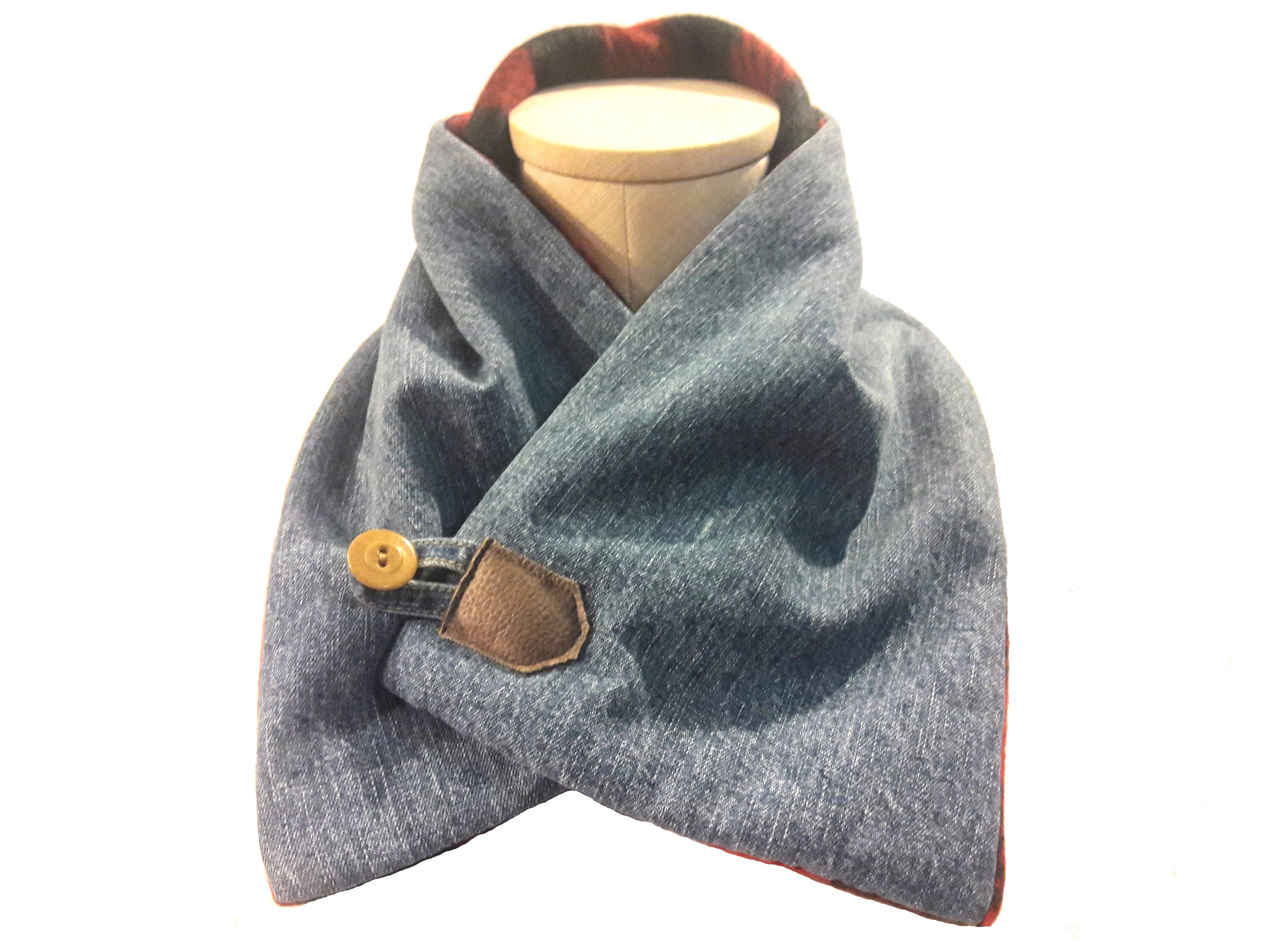 Unisex Neck Warmer in Denim and Buffalo Plaid Fleece -- Neck Wrap for ...