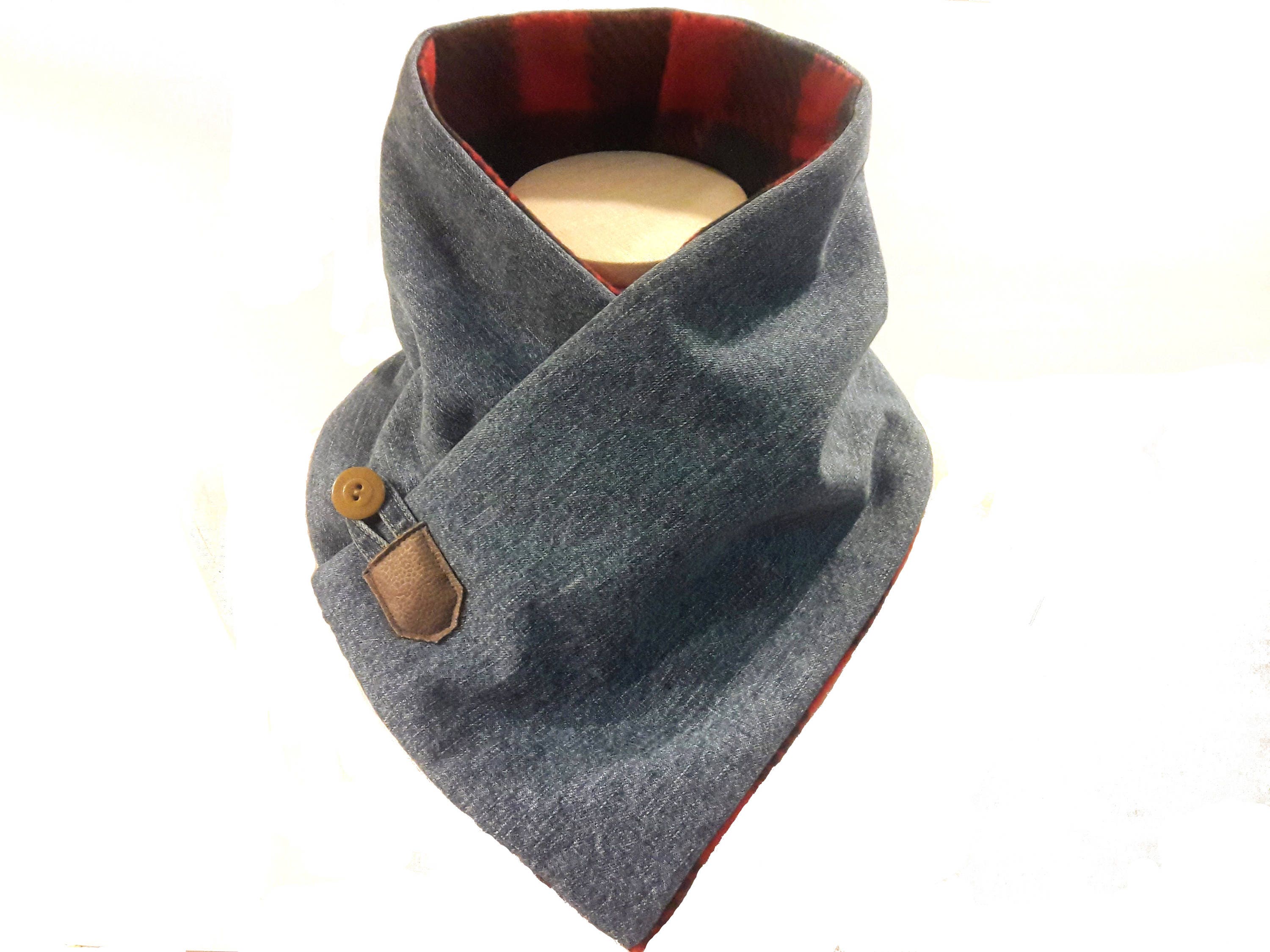 Unisex Neck Warmer in Denim and Buffalo Plaid Fleece -- Neck Wrap for ...