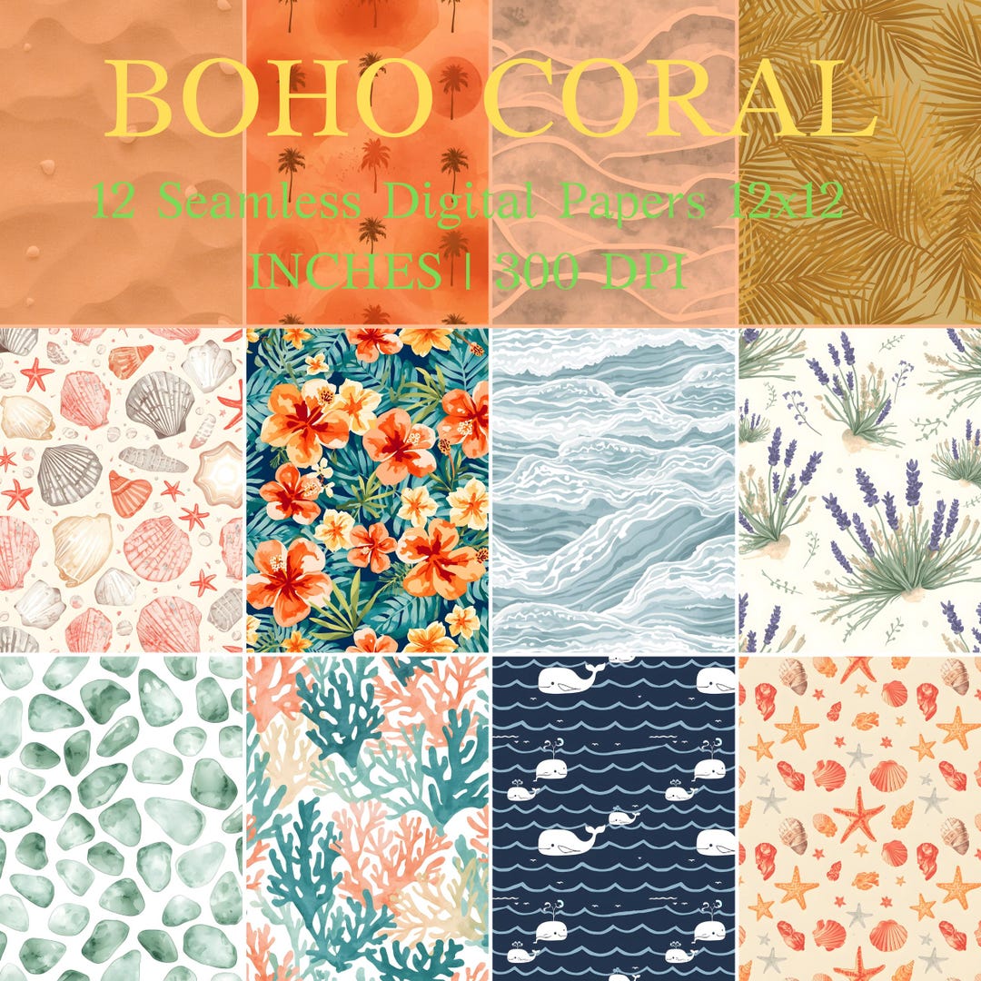 Coastal Beach Digital Paper Pack | 12 Seamless Patterns 12x12 | Ocean ...