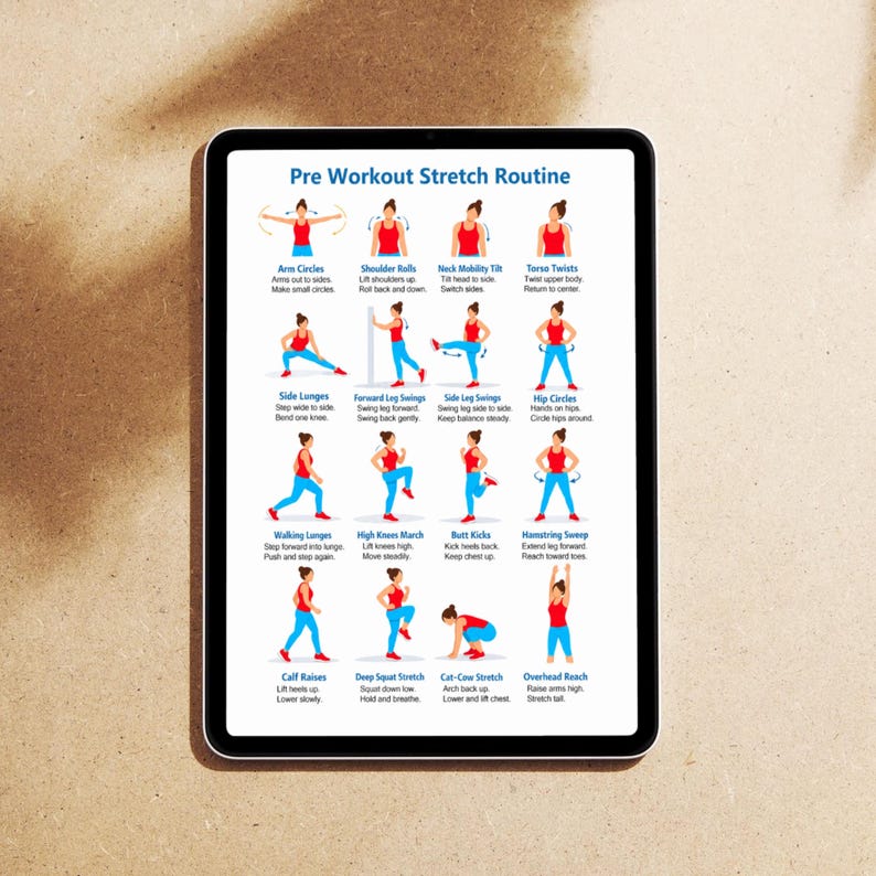 Pre-workout Stretch Routine Chart | Dynamic Warm-up Exercises (PDF ...